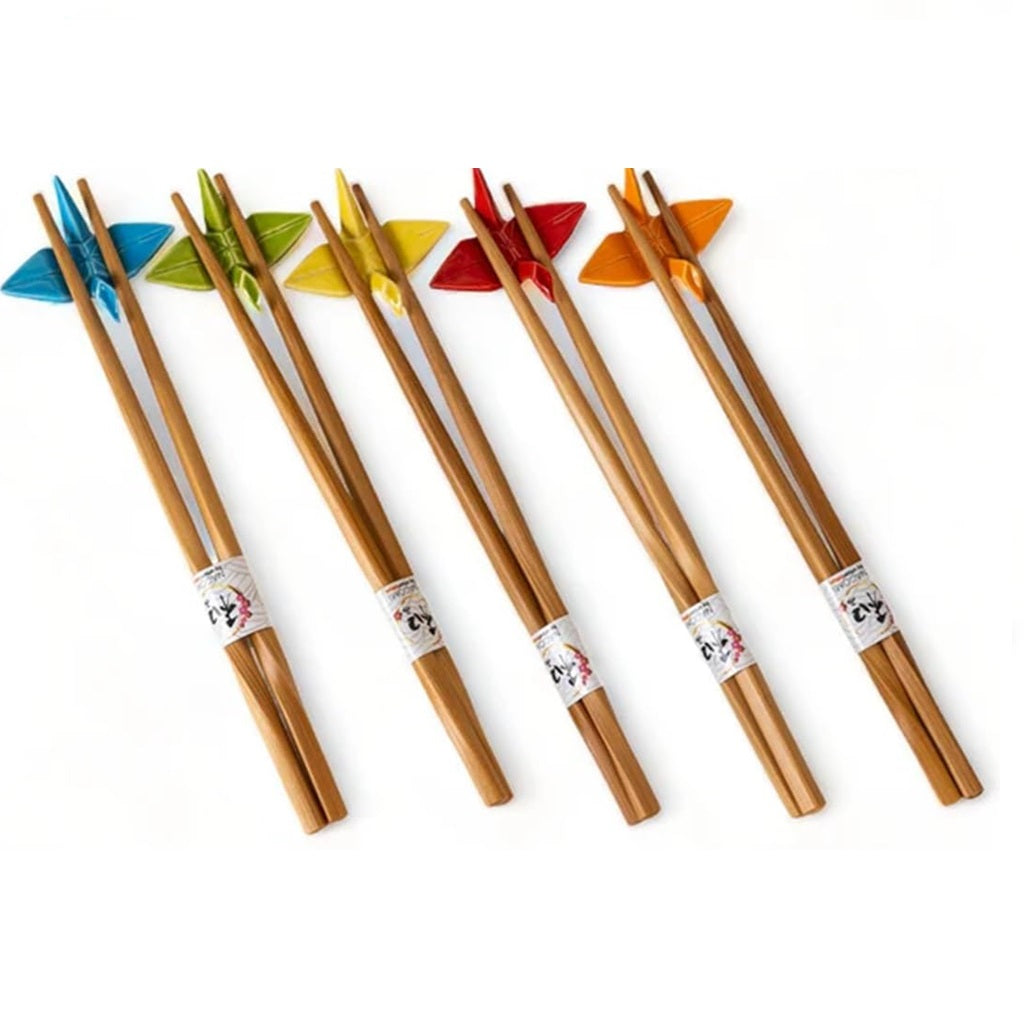 5 Piece Chopsticks and Origami Crane Porcelain Chopsticks Rest Set ...