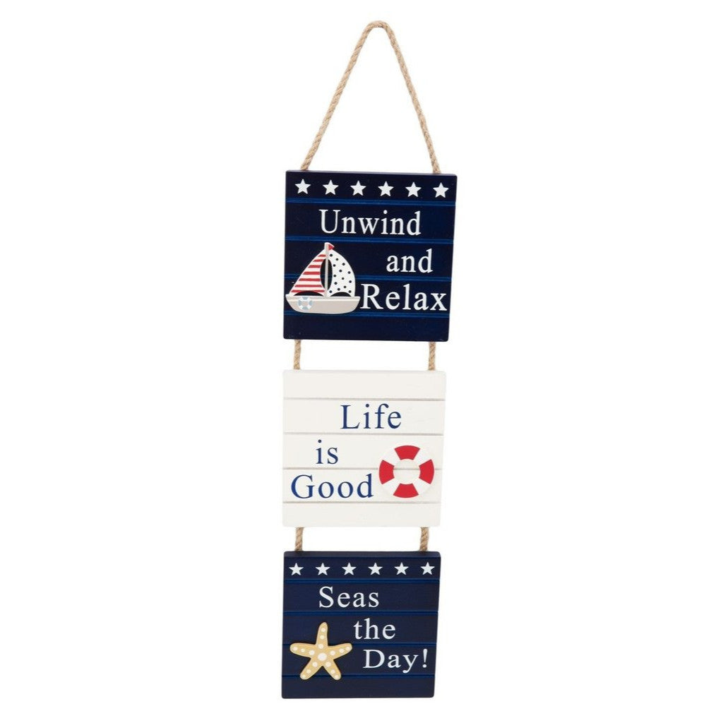 3 Beach Signs on a Rope Hanger Unwind and Relax, Life is ..., Seas the ...